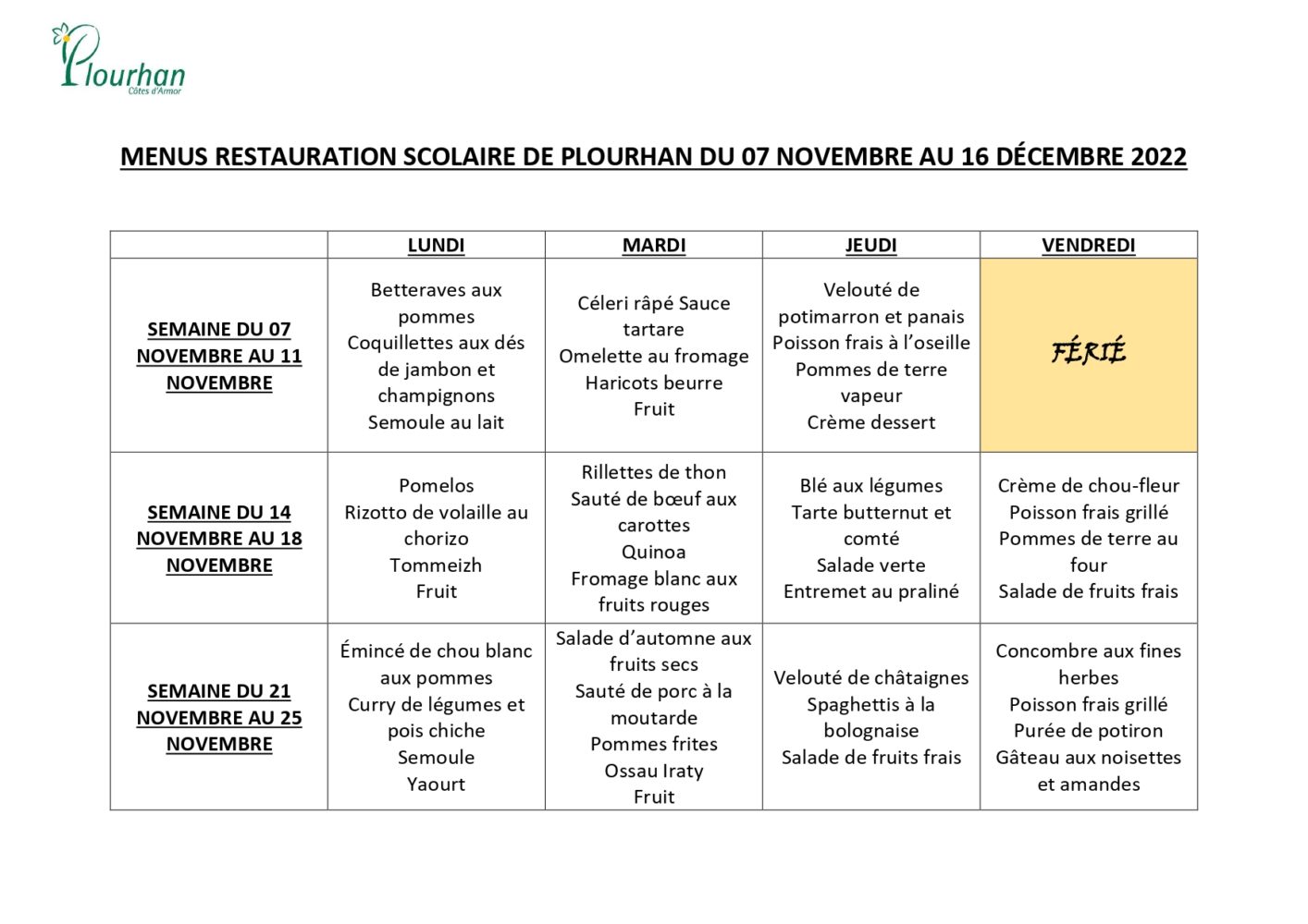 Les menus de la cantine | École du Sacré Coeur de Plourhan